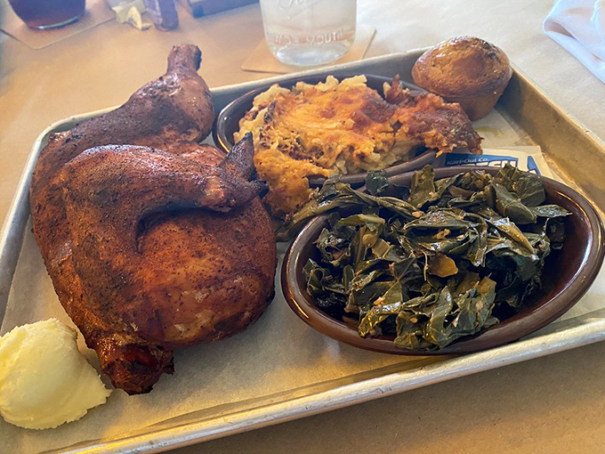 The chicken arrives with skin so perfectly crisp it practically sings, while that mac and cheese side dish threatens to upstage the main event.