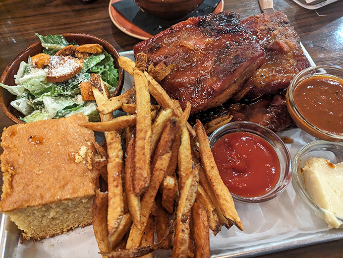 A barbecue platter that doesn't mess around&mdash;the kind of meal that requires both a knife and fork and several napkins strategically deployed.