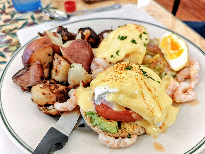 Bay shrimp Benedict: where the ocean meets the farm. This local twist on a breakfast classic proves that seafood for breakfast isn't just allowed—it's encouraged.