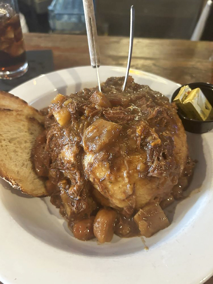 Not just beef stew—it's a bowl of liquid courage for facing Ohio winters. Those toothpicks aren't structural support—they're exclamation points.
