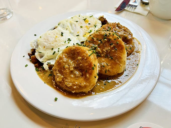 Biscuits swimming in savory gravy with a side of creamy mashed potatoes&mdash;carb heaven that's worth every delicious calorie.