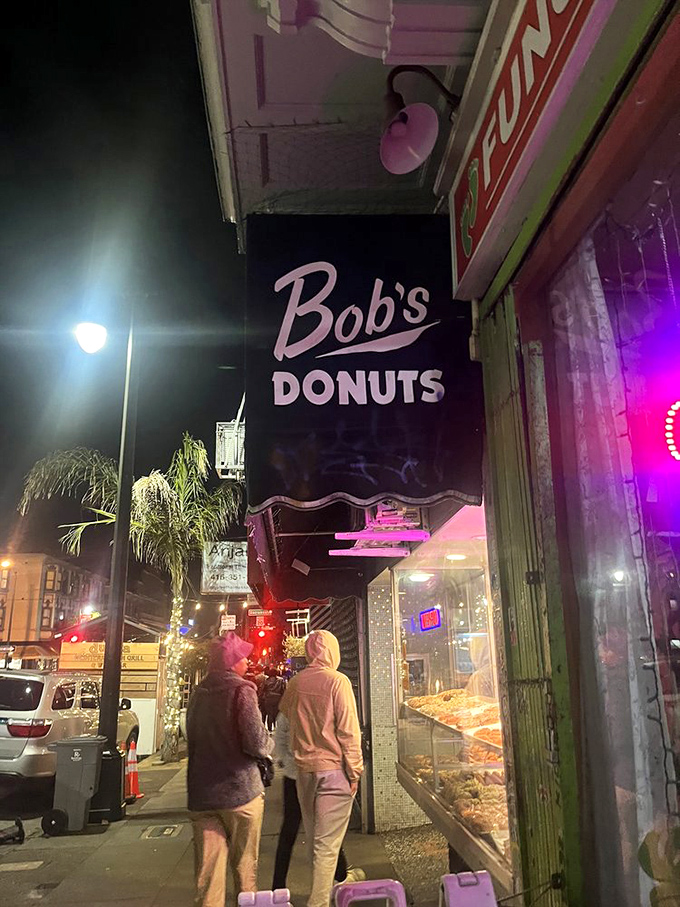 Night falls but the neon glows, guiding hungry souls to sweet salvation when most bakeries have long since closed.