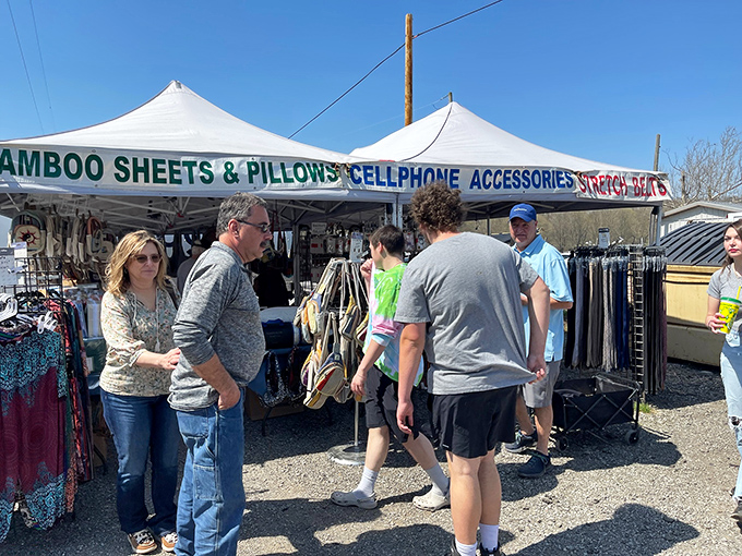 "Bamboo sheets and cellphone accessories" might be the most perfectly random flea market pairing since "taxidermy and homemade fudge." The modern meets the practical under canvas.