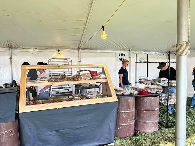 The bake sale tent: where diet resolutions go to die gloriously. Homemade treats with that "nobody-makes-it-like-this-anymore" quality.