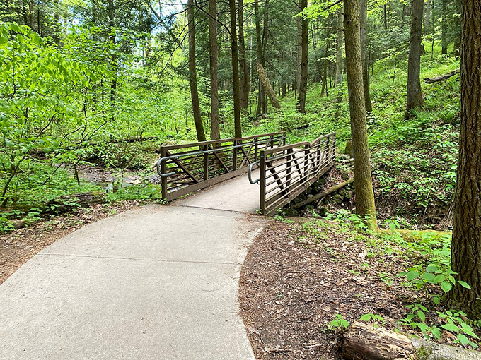 This gentle bridge crossing feels like a scene from a storybook, though sadly lacking the talking animals that Disney would have added.