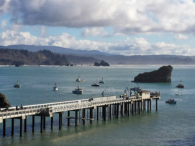 The Trinidad Pier extends like a welcoming handshake into a bay where fishing boats bob like corks on nature's blue tablecloth.