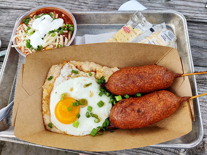 Brunch goes rogue with these hand-dipped corn dogs alongside perfectly fried eggs&mdash;proof that morning meals should never be boring.