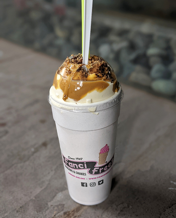 A caramel shake topped with such care it could pass for modern art. The straw stands at attention, ready for the sweet challenge ahead.