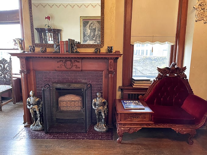 Miniature knights guard the hearth where modern guests can warm themselves just as visitors did a century ago.