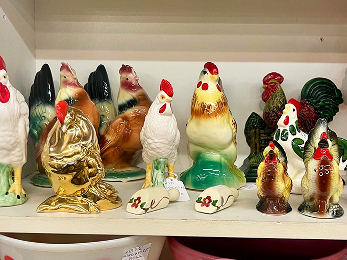 A congregation of ceramic roosters having what appears to be a very serious meeting about who rules the farmyard collectibles roost.