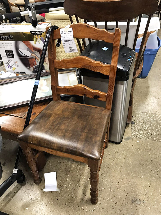 This wooden chair has stories to tell, and at Goodwill prices, you can afford to listen while giving it a place at your table.