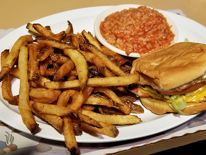 This isn't just a burger and fries—it's America on a plate, with a side of baked beans for good measure.