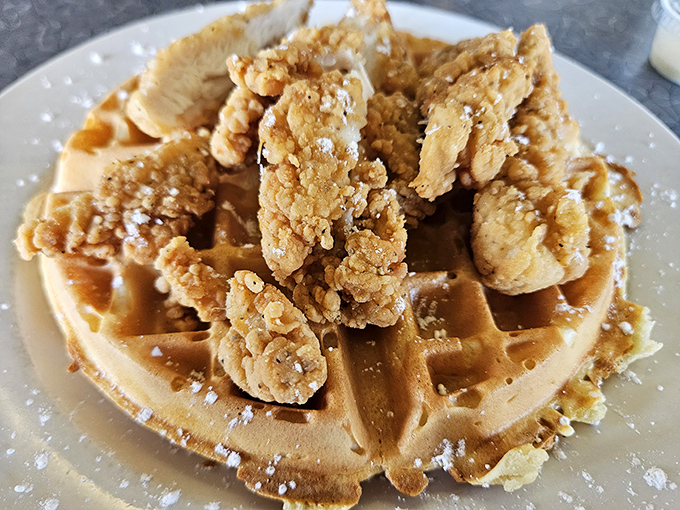 Chicken and waffles &ndash; that perfect marriage of sweet and savory where crispy, golden-fried chicken meets fluffy waffle in breakfast harmony.