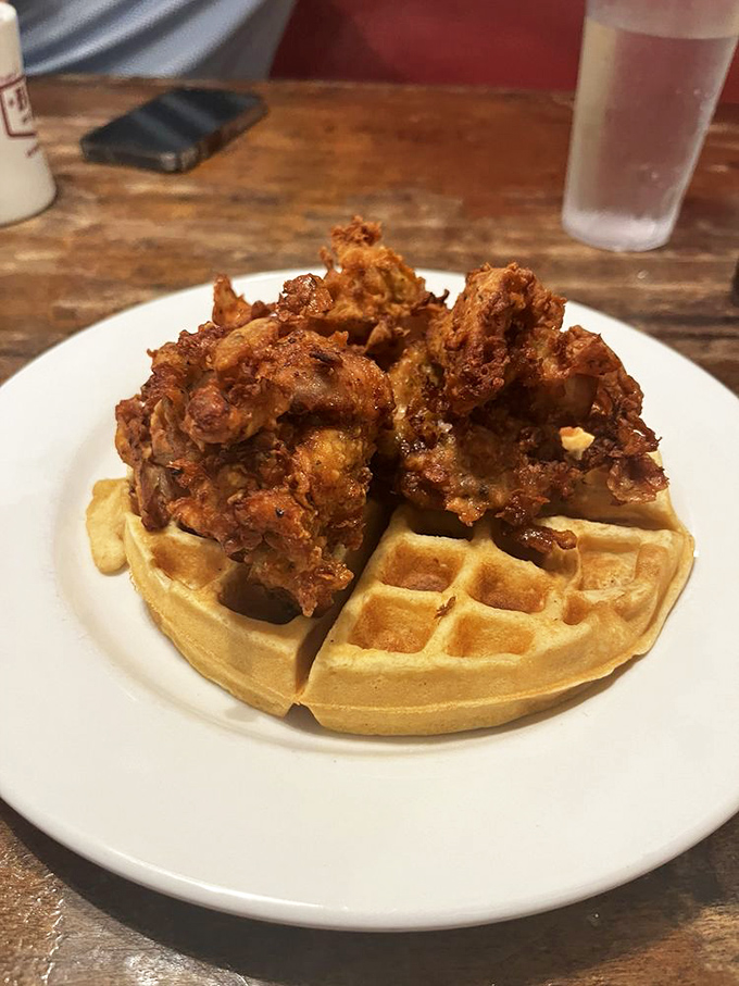 Chicken and waffles: the breakfast equivalent of a perfect marriage. Crispy meets fluffy in a union blessed by the breakfast gods.