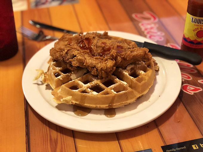 Chicken and waffles&mdash;the breakfast equivalent of a power couple. That golden waffle grid creates perfect pockets for capturing maple syrup treasure.