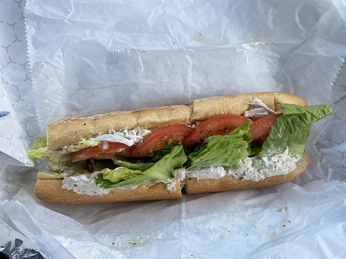 A chicken salad hoagie that makes you question why you ever ordered anything else, nestled in paper like the precious gift it is.