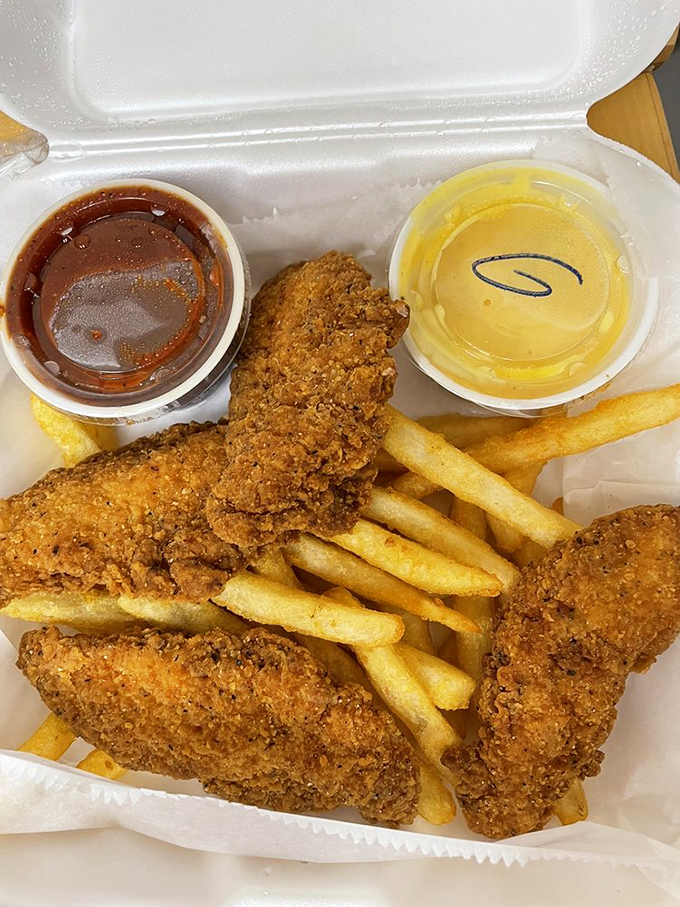 Chicken tenders that make you question why you ever order anything else. That honey mustard sauce deserves its own love song.