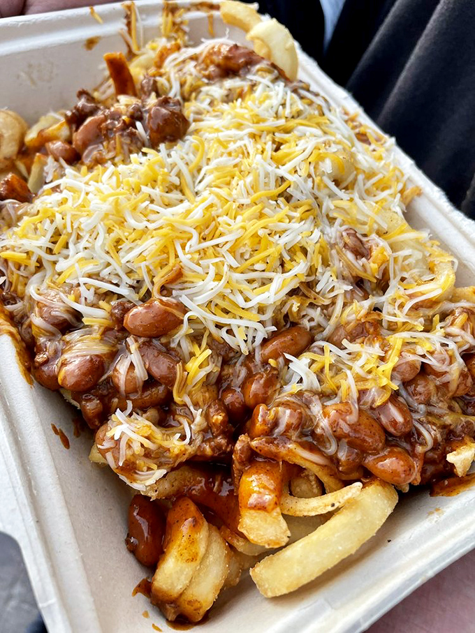 Chili cheese fries that laugh in the face of diet plans—a glorious mess of beans, cheese, and zero regrets.