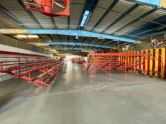 The calm before the weekend storm. Empty benches await the treasure hunters who will soon fill this space with excitement and haggling.