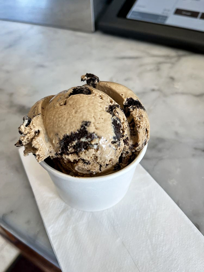 Coffee crunch ice cream—where robust coffee flavor meets crunchy cookie bits in a dance of texture and taste.