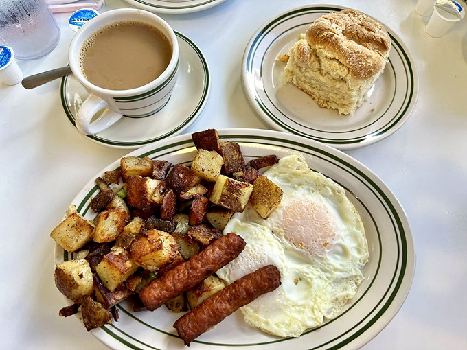 The quintessential American breakfast: eggs, meat, potatoes, and coffee. Simplicity executed with the confidence of an establishment that knows what works.