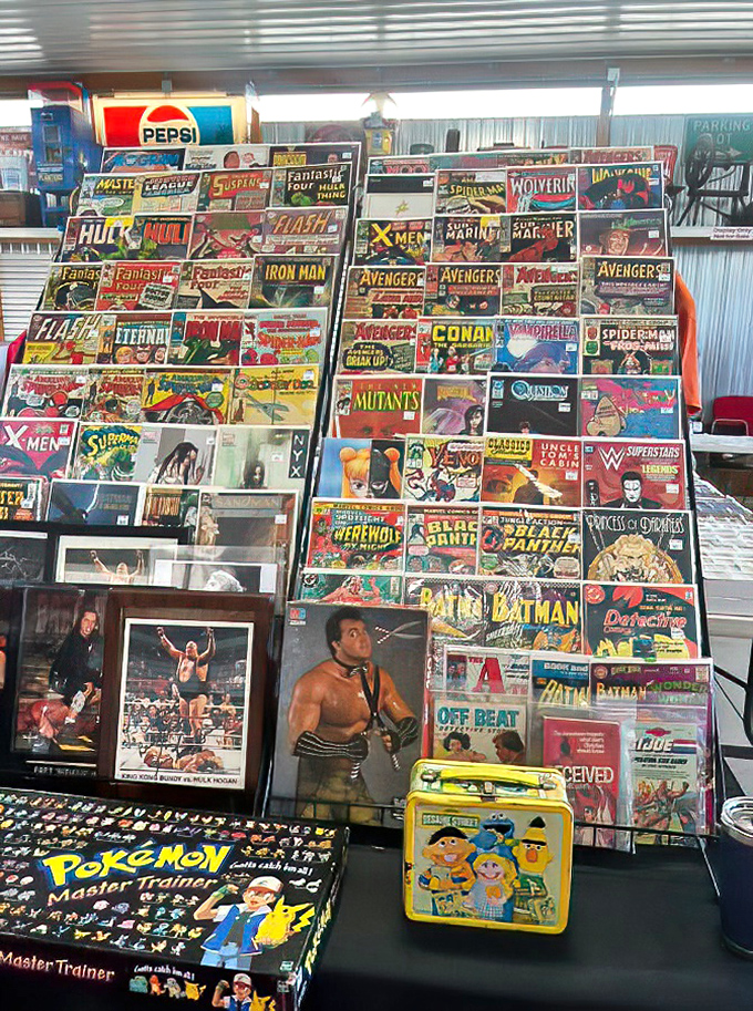 Comic book covers form a time tunnel of illustrated nostalgia, each issue a portal to childhood afternoons spent lost in superhero adventures.