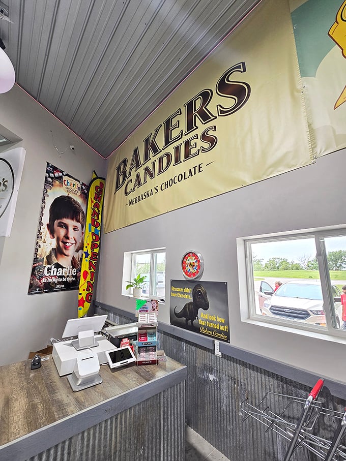 The checkout counter where sweet dreams become reality. The banner proudly proclaims Baker's Candies as "Nebraska's Chocolate" for good reason.