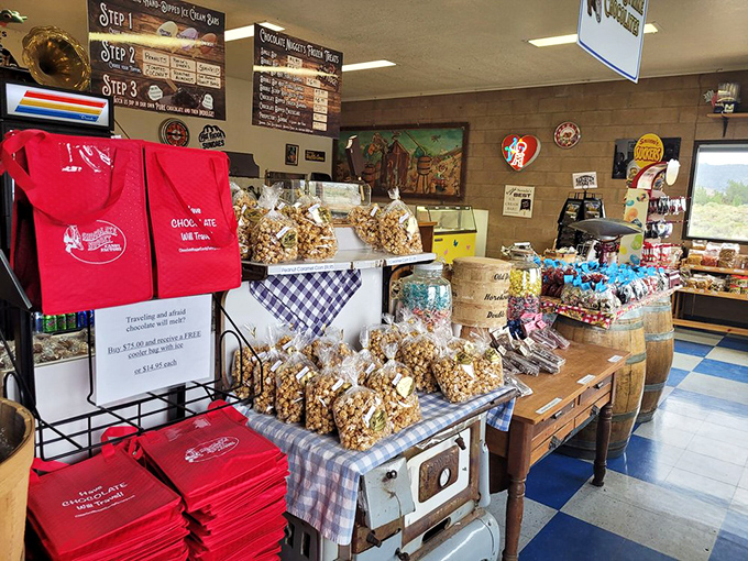 The country-store counter displays popcorn and branded merchandise, because you'll need souvenirs to prove this sugar paradise actually exists.