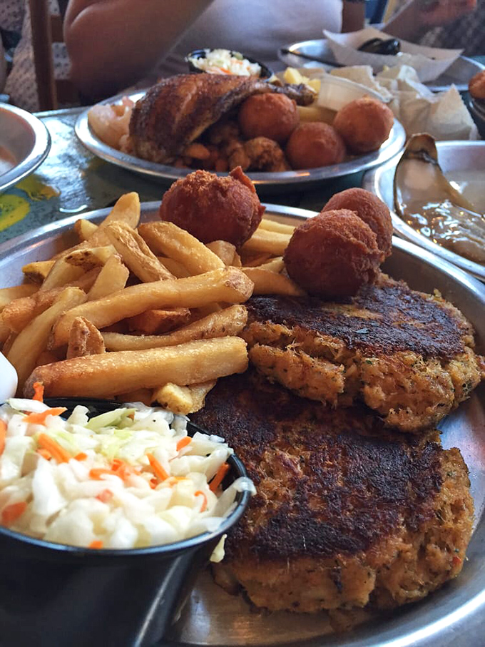 Crab cakes with the perfect ratio of crab to binding, golden-fried and served with the kind of fries that disappear one by one.