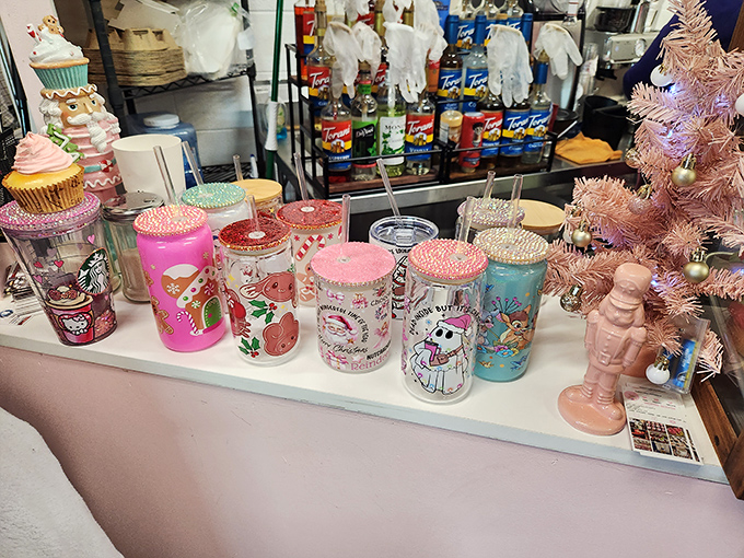 Bedazzled tumblers in candy colors stand at attention like a sugar-coated army, ready to make your hydration habits approximately 400% more fabulous.