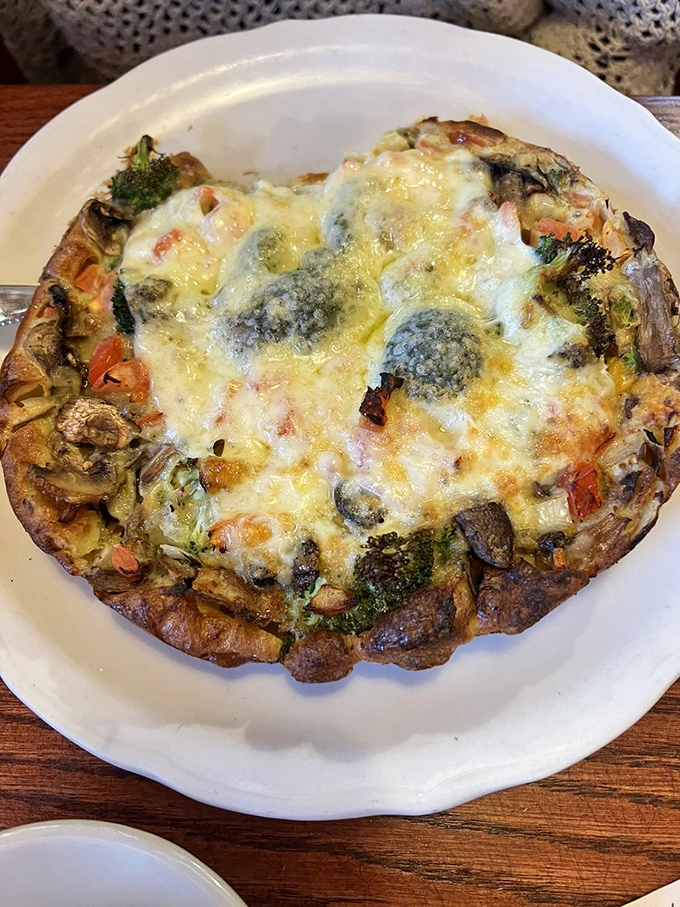 The vegetable omelet rises like a savory souffl&eacute;, packed with enough garden goodness to count as at least three of your daily vegetable servings.