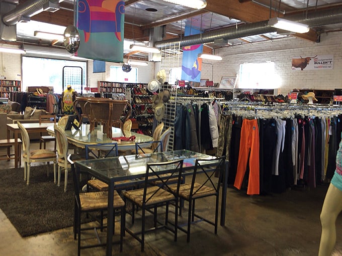 Furniture and fashion coexist beautifully in this corner of the store, where dining sets mingle with racks of carefully organized clothing.