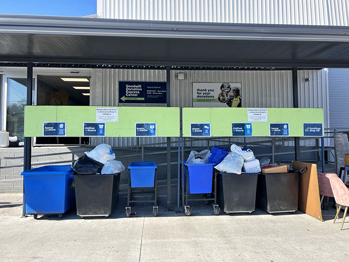 The donation station&mdash;where yesterday's closet cleanouts become tomorrow's treasures. These bins are the first step in the magical transformation from "no longer needed" to "just what I wanted!"