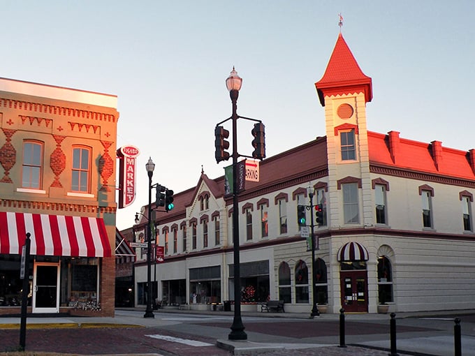 Downtown Newberry's sunset glow turns historic buildings into a watercolor painting. That red tower isn't compensating for anything&mdash;it's just that magnificent.