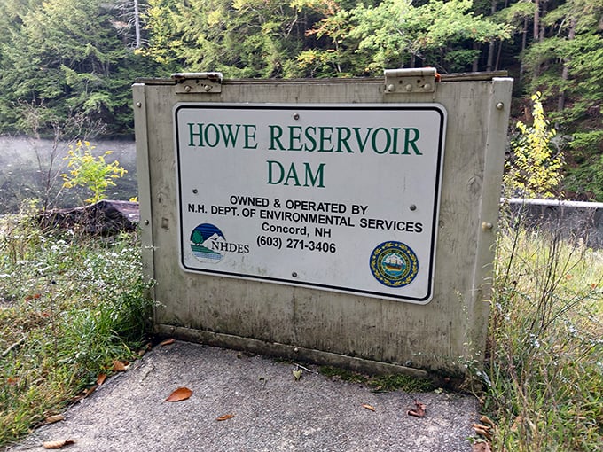 Even official signs become charming in Harrisville's setting. Howe Reservoir isn't just infrastructure &ndash; it's part of the community's story.