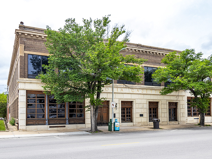 The Emporia Gazette building carries the legacy of William Allen White. Local journalism lives on behind these stately limestone walls.