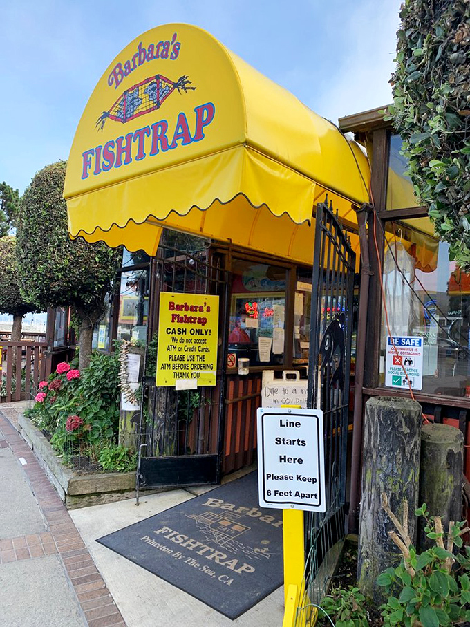 The bright yellow awning serves as a beacon for seafood pilgrims. The "Cash Only" sign isn't an inconvenience&mdash;it's part of the authentic experience.