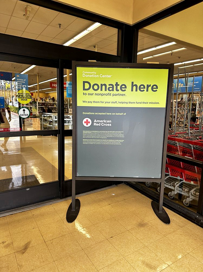 The donation center entrance where community generosity transforms into tomorrow's treasure hunting adventures for everyone.