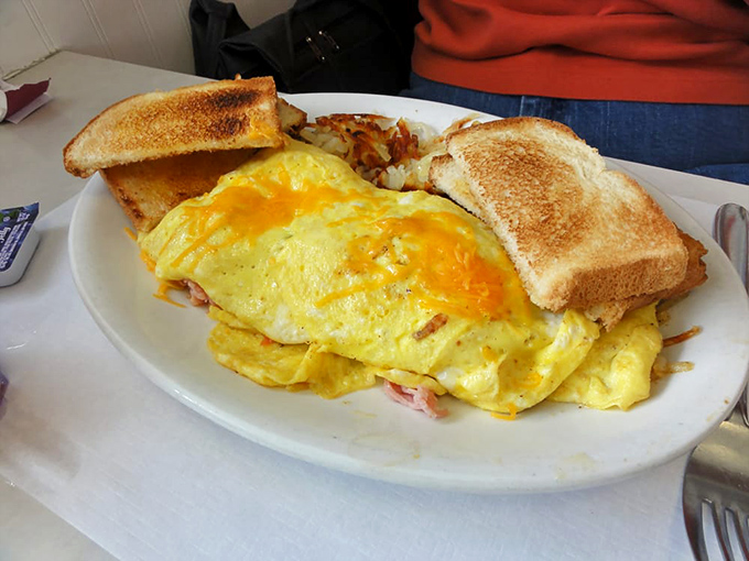 An omelet so fluffy it practically needs its own zip code. Melted cheese cascades over perfectly cooked eggs while toast stands by for dipping duty.