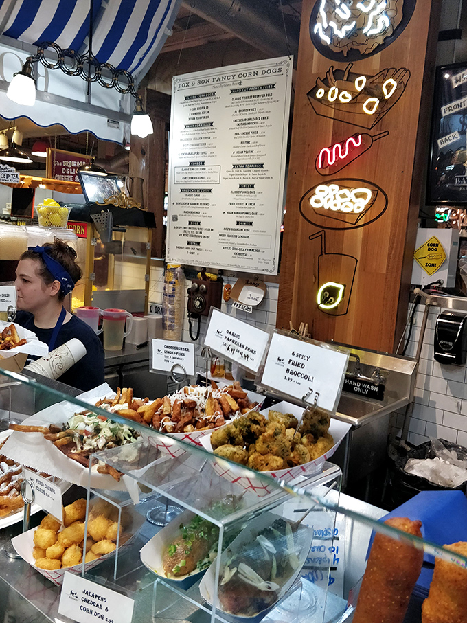 A display case of deep-fried treasures that makes adults point and grin like kids at a toy store window.