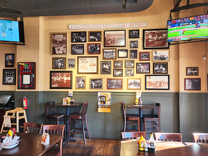 Every picture tells a story at Tony Packo's. This wall of history showcases decades of memories, celebrities, and Toledo pride.