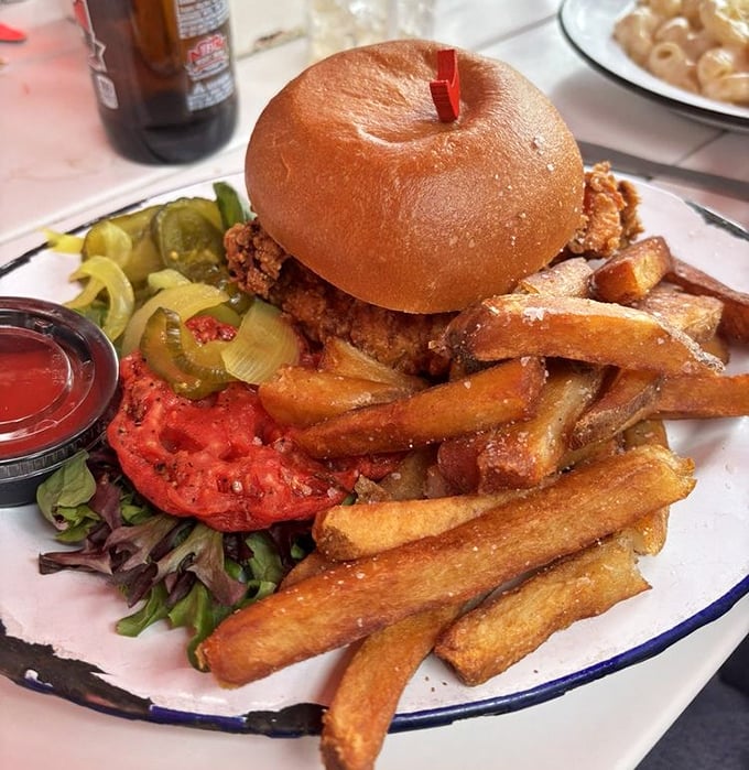 The fried chicken sandwich sits regally on its throne of a brioche bun, surrounded by its royal court of hand-cut fries.