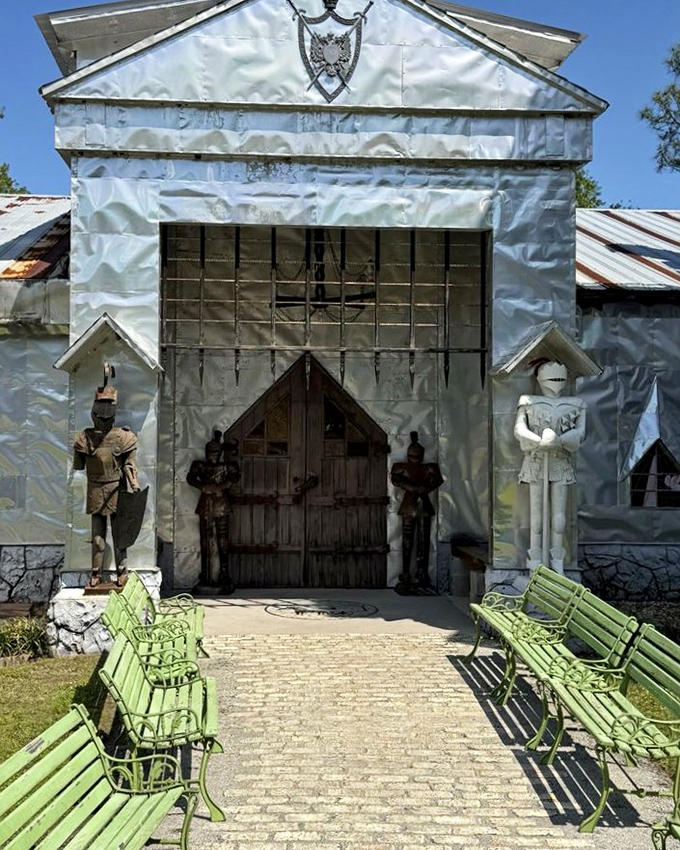 Metal knights flank wooden doors in perfect harmony, like a medieval buddy comedy where opposites attract and protect treasures within.
