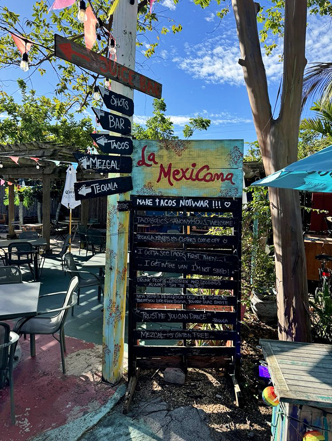 "Make tacos not war!" The whimsical entrance sign sets the tone for a place that takes its food seriously but itself? Not so much.