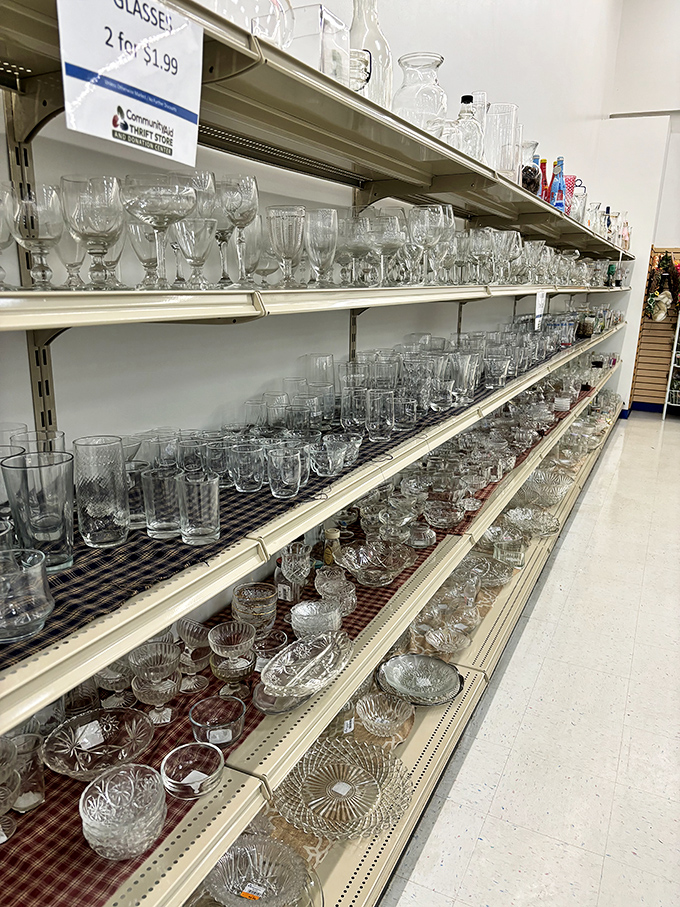 Crystal and glassware that would make your grandmother proud, displayed like a transparent army ready to elevate your next dinner party.