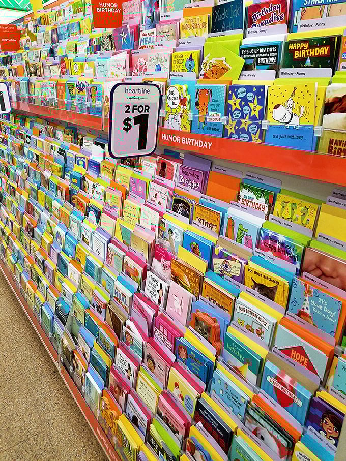 The greeting card wall&mdash;where sentiments that would cost $7.99 elsewhere can be expressed for pocket change.