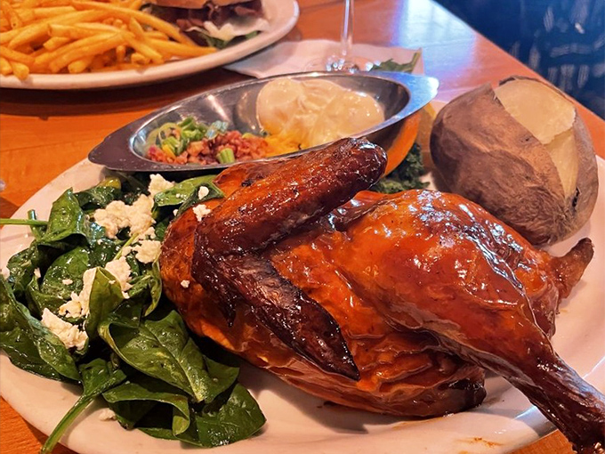 BBQ chicken that's had a proper introduction to flame. Glistening with sauce and paired with spinach that somehow makes you forget you're eating something green.