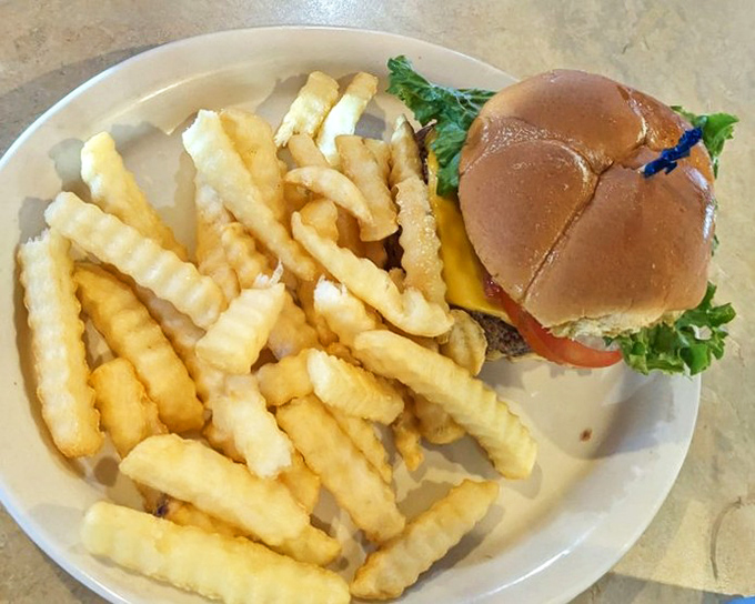 Not pictured: a hamburger with fries. The image shows a garden salad with what appears to be ground beef topping.