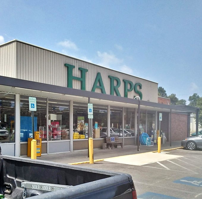Harps Food Store serves as the community's pantry, where shopping carts move at the pace of conversation rather than competition.