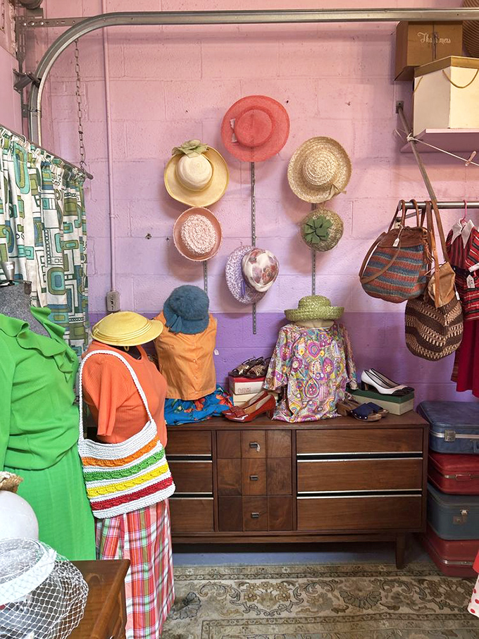 The hat wall is a colorful timeline of American fashion sense. From church Sundays to beach vacations, each one represents an occasion worth dressing up for.